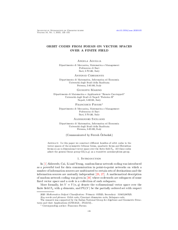 (PDF) Orbit codes from forms on vector spaces over a finite field