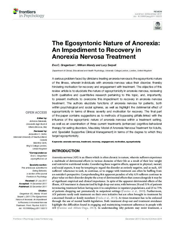 (PDF) The Egosyntonic Nature of Anorexia: An Impediment to Recovery in ...