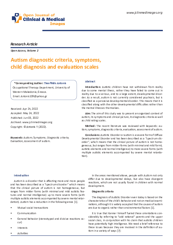 (PDF) Autism diagnostic criteria, symptoms, child diagnosis and ...