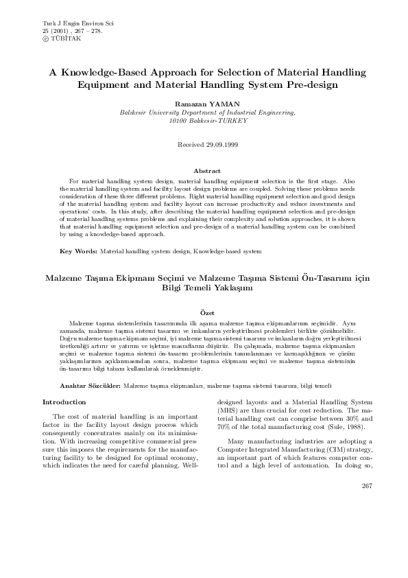 (PDF) A Knowledge-Based Approach for Selection of Material Handling Equipment and Material ...