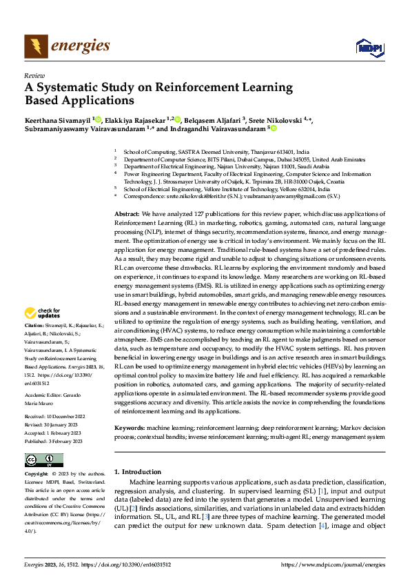 (PDF) A Systematic Study on Reinforcement Learning Based Applications