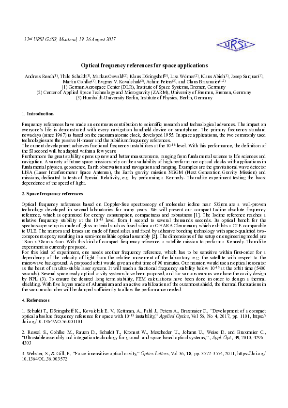 (PDF) Optical frequency references for space applications