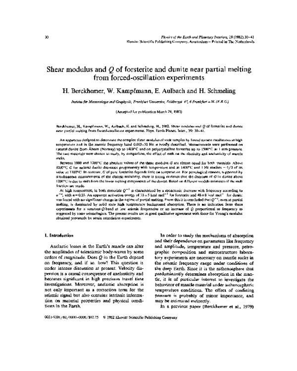 (PDF) Shear modulus and Q of forsterite and dunite near partial melting from forced-oscillation ...