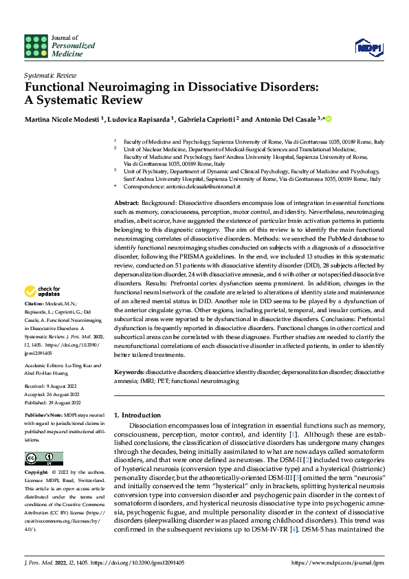 (PDF) Functional Neuroimaging in Dissociative Disorders: A Systematic Review