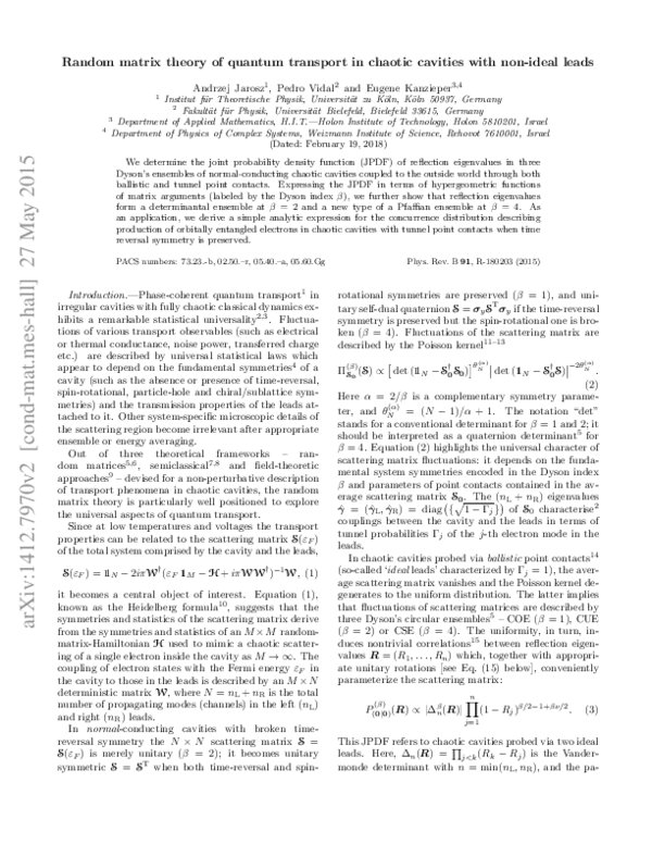 (PDF) Random matrix theory of quantum transport in chaotic cavities ...