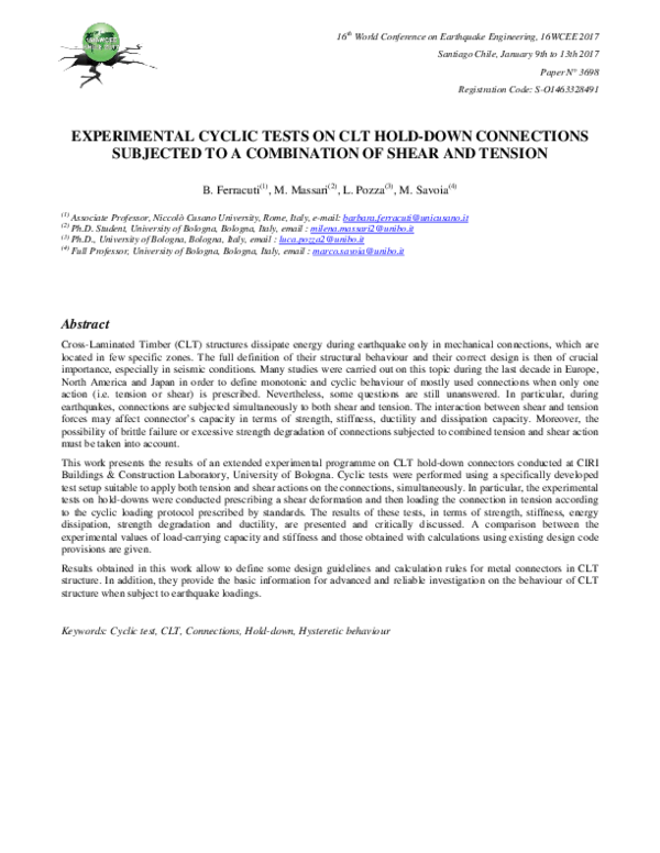 (PDF) Experimental Cyclic Tests on CLT Hold-Down Connections Subjected ...