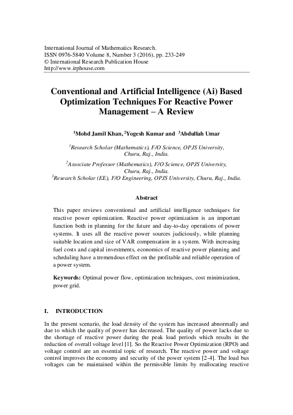 (PDF) Conventional and Artificial Intelligence ( Ai ) Based Optimization Techniques For Reactive ...