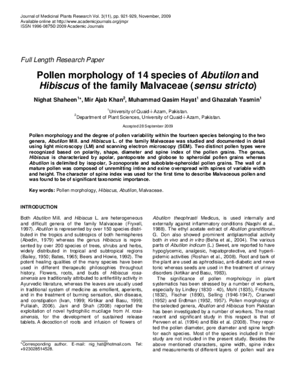 (PDF) Pollen morphology of 14 species of Abutilon and Hibiscus of the ...