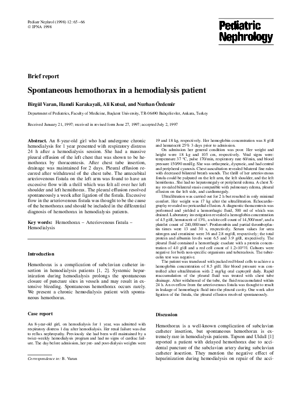 (PDF) Spontaneous hemothorax in a hemodialysis patient