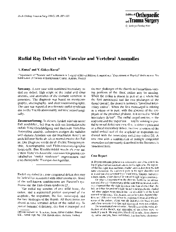 (PDF) Radial ray defect with vascular and vertebral anomalies | ALI ...