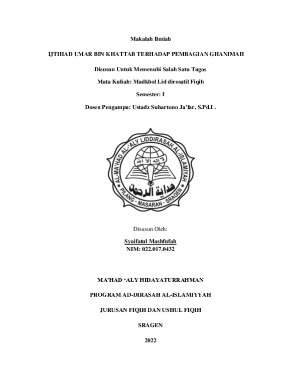 (PDF) IJTIHAD UMAR BIN KHATTAB TERHADAP PEMBAGIAN GHANIMAH