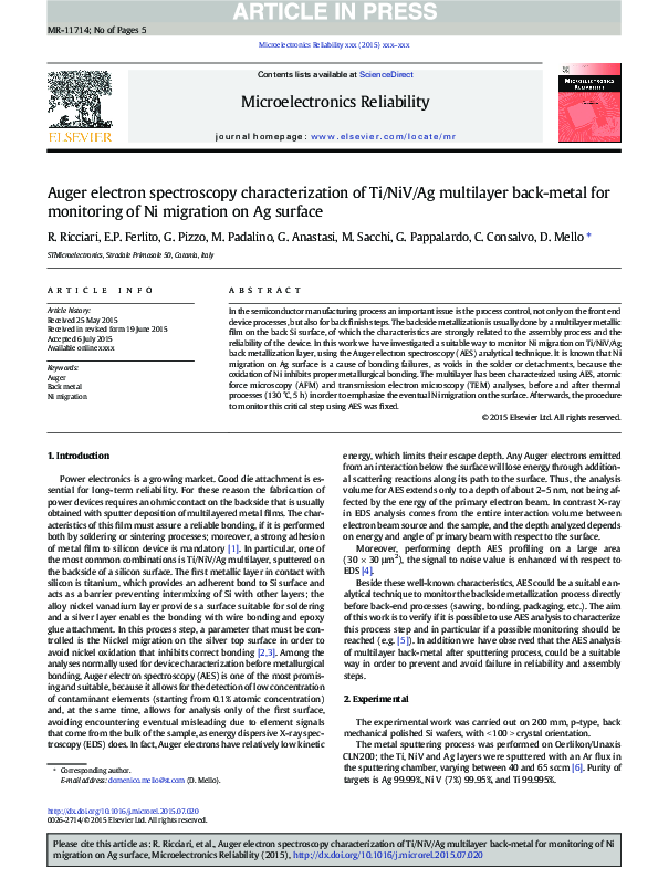 (PDF) Auger electron spectroscopy characterization of Ti/NiV/Ag ...