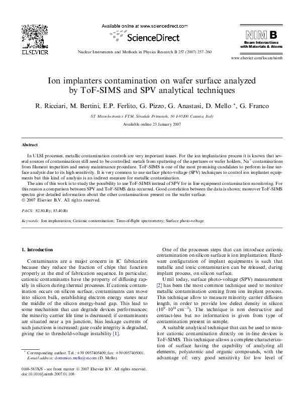 (PDF) Ion implanters contamination on wafer surface analyzed by ToF-SIMS and SPV analytical ...