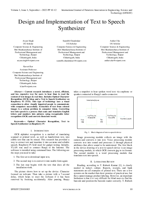(PDF) Design and Implementation of Text to Speech Synthesizer