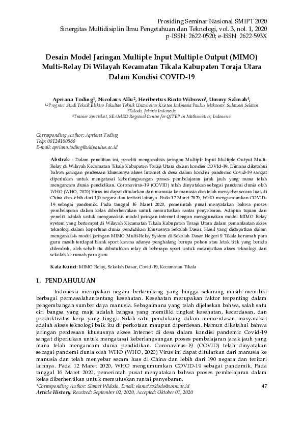 Pdf Desain Model Jaringan Multiple Input Multiple Output Mimo Multi Relay Di Wilayah