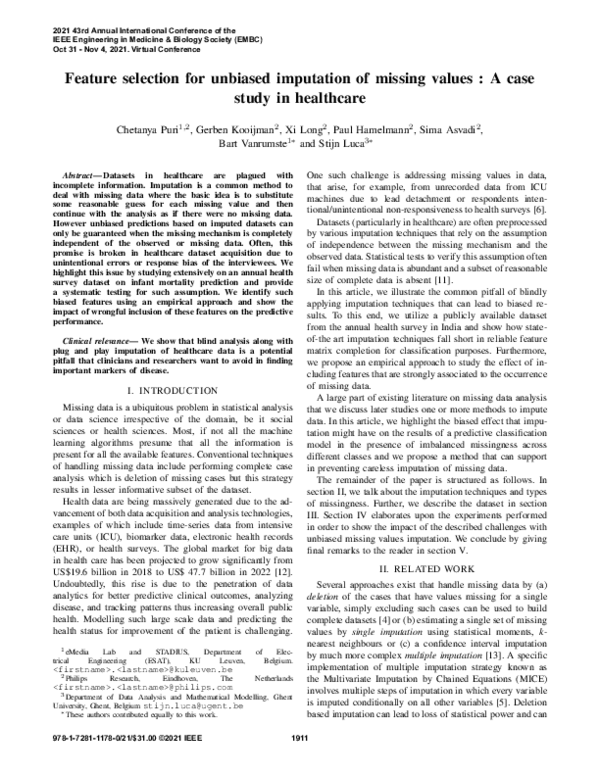 (PDF) Feature selection for unbiased imputation of missing values: A case study in healthcare ...