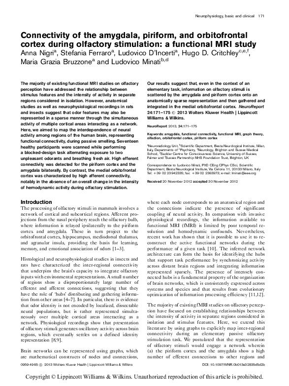 (PDF) Connectivity of the amygdala, piriform, and orbitofrontal cortex ...