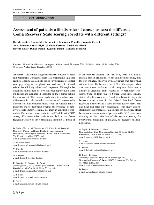 (PDF) Assessment of patients with disorder of consciousness: do ...