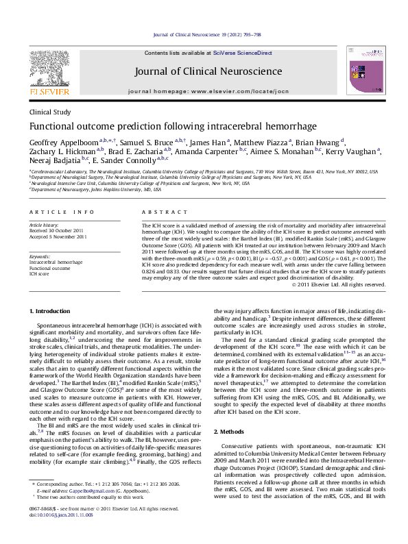 (PDF) Functional outcome prediction following intracerebral hemorrhage