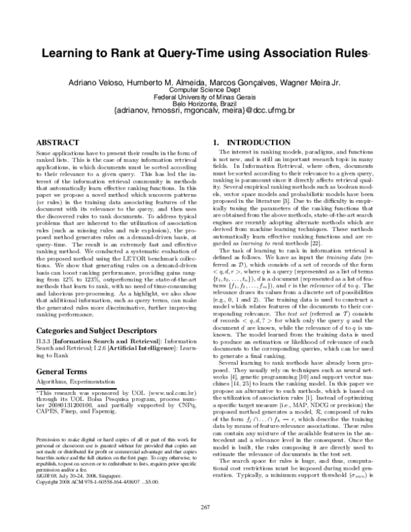 (PDF) Learning to rank at query-time using association rules