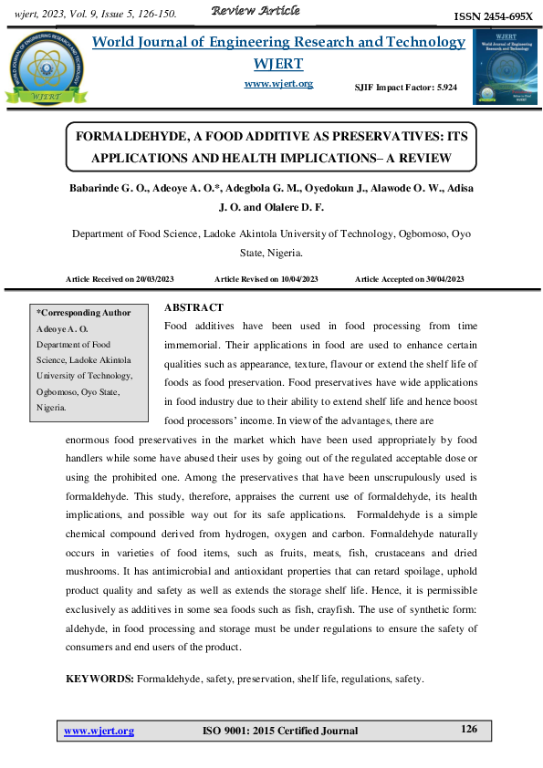 (PDF) FORMALDEHYDE, A FOOD ADDITIVE AS PRESERVATIVES: ITS APPLICATIONS ...