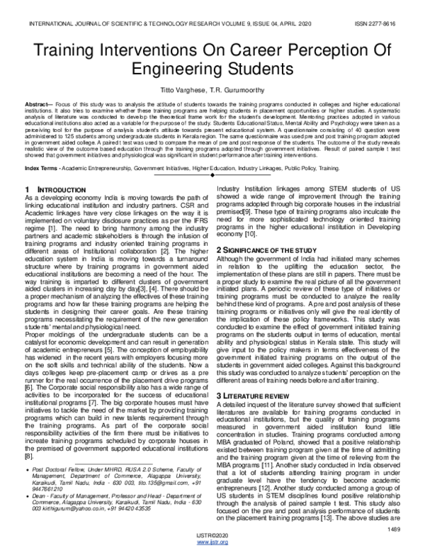 (PDF) Training Interventions On Career Perception Of Engineering Students | Dr.Titto Varghese ...