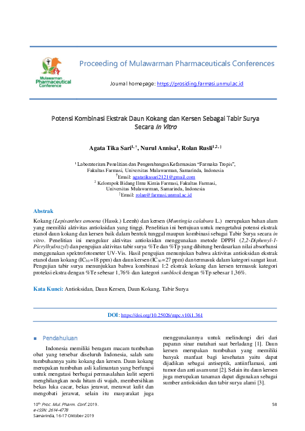 (PDF) Potensi Kombinasi Ekstrak Daun Kokang dan Kersen Sebagai Tabir Surya Secara In Vitro ...