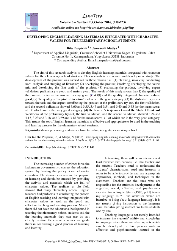 (PDF) Developing English Learning Materials Integrated with Character Values for the Elementary ...