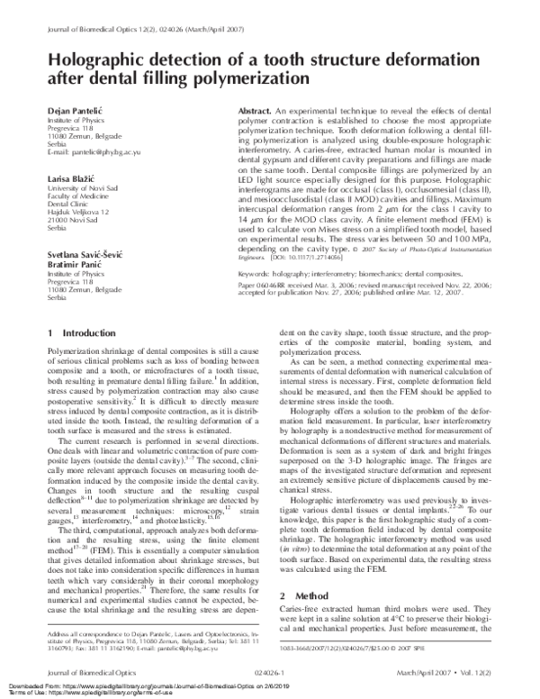 (PDF) Holographic detection of a tooth structure deformation after ...