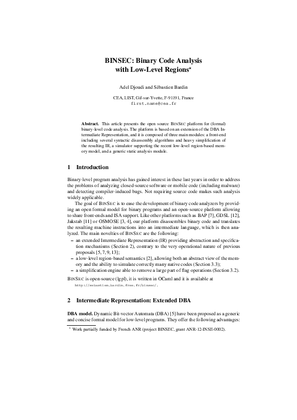 (PDF) BINSEC: Binary Code Analysis with Low-Level Regions