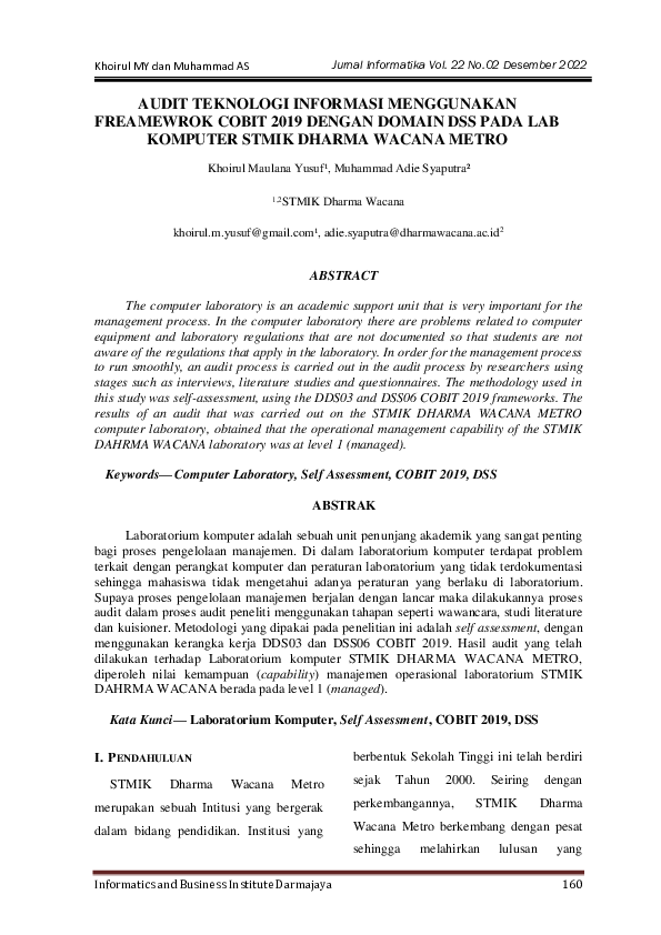 Pdf Audit Teknologi Informasi Menggunakan Freamwrok Cobit 2019 Dengan Domain Dss Pada Lab