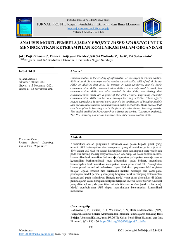 (PDF) Analisis Model Pembelajaran Project Based Learning Untuk ...