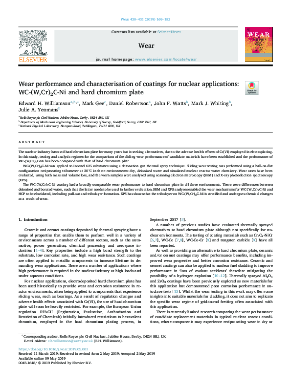 (PDF) Wear performance and characterisation of coatings for nuclear ...