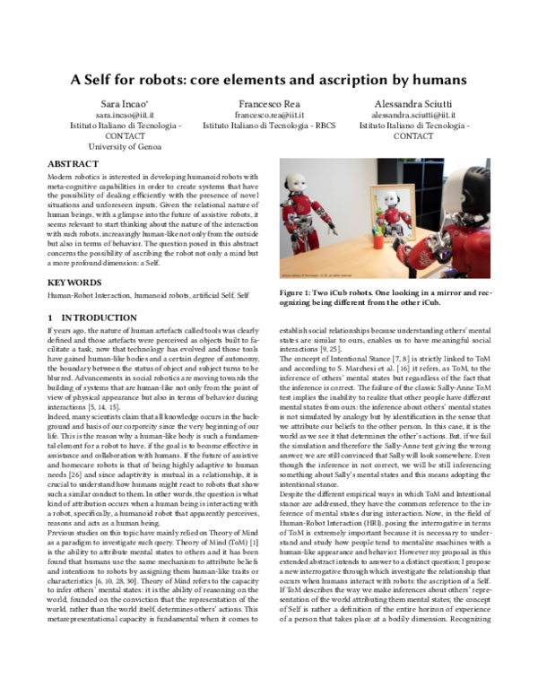 (PDF) A Self for robots: core elements and ascription by humans