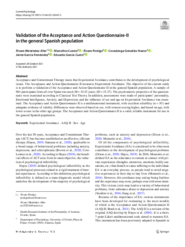 (PDF) Validation of the Acceptance and Action Questionnaire-II in the general Spanish population