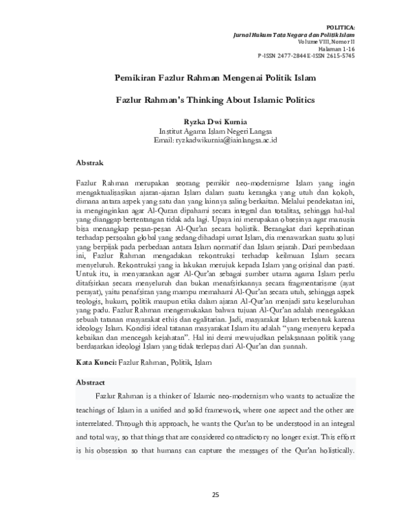 (PDF) Pemikiran Fazlur Rahman Mengenai Politik Islam