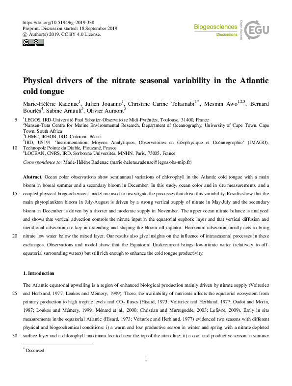 (PDF) Physical drivers of the nitrate seasonal variability in the Atlantic cold tongue