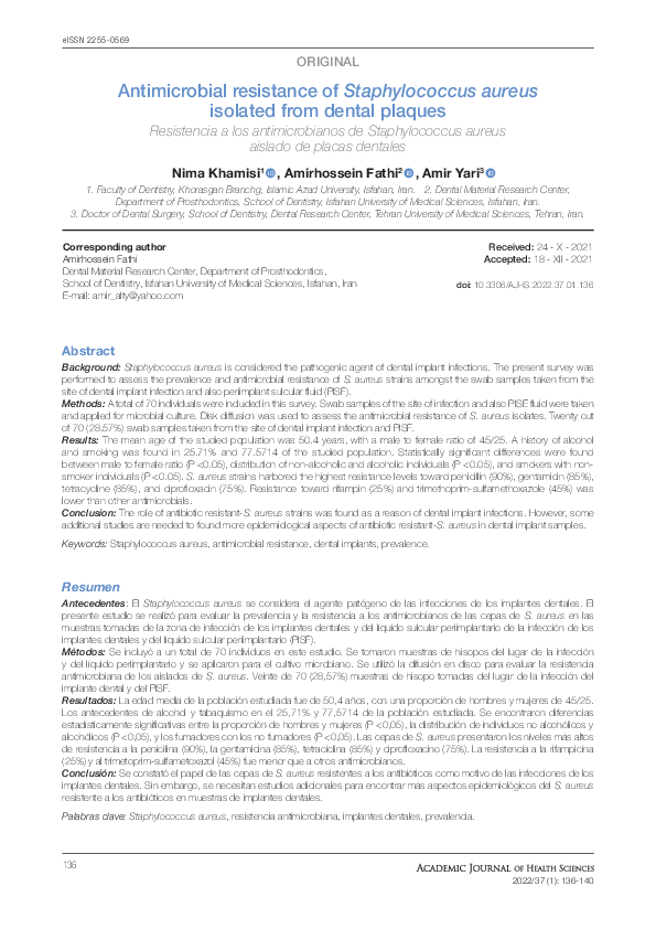 Pdf Antimicrobial Resistance Of Staphylococcus Aureus Isolated From Dental Plaques Resistencia