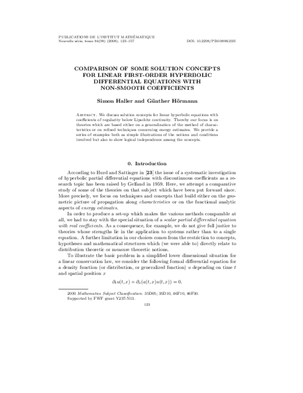 Pdf Comparison Of Some Solution Concepts For Linear First Order Hyperbolic Differential