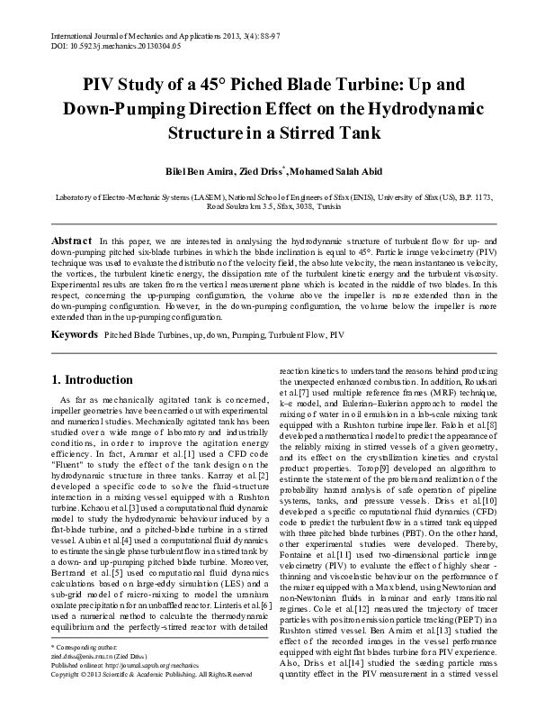 (PDF) PIV Study of the Down-Pitched Blade Turbine Hydrodynamic Structure