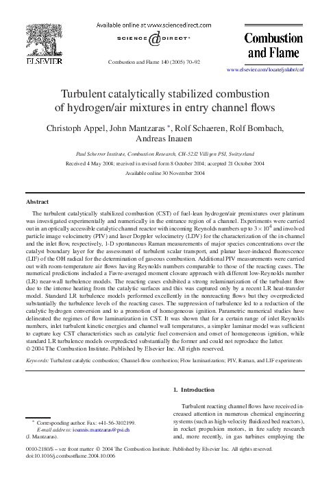 (PDF) Turbulent catalytically stabilized combustion of hydrogen/air mixtures in entry channel flows