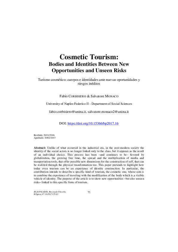 (PDF) Cosmetic Tourism: Bodies and Identities between New Opportunities and Unseen Risks ...