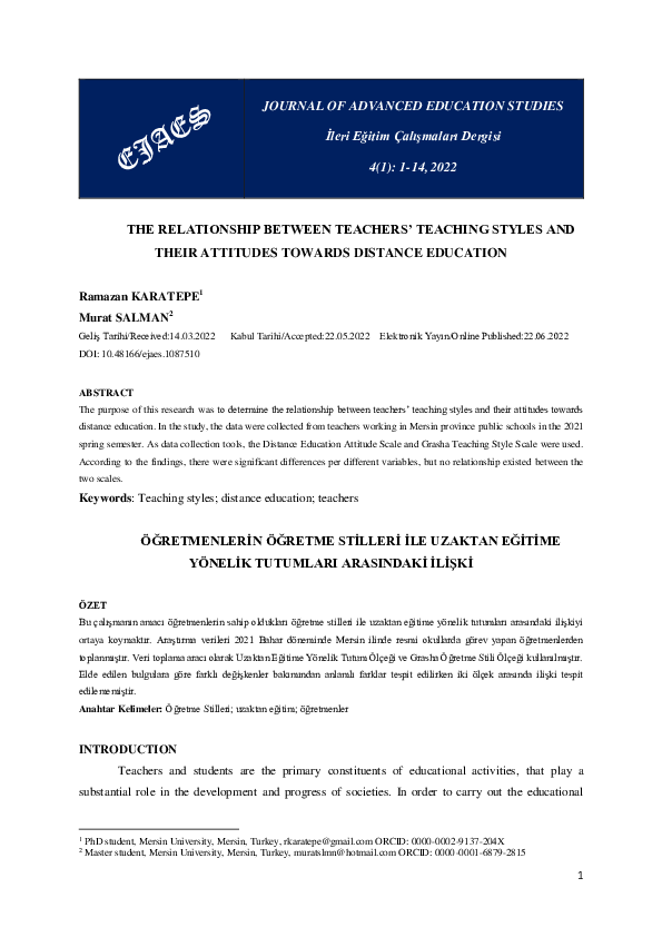 (PDF) The Relationship between Teachers’ Teaching Styles and Their ...