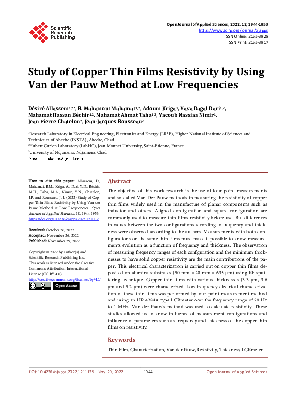 (PDF) Study of Copper Thin Films Resistivity by Using Van der Pauw ...