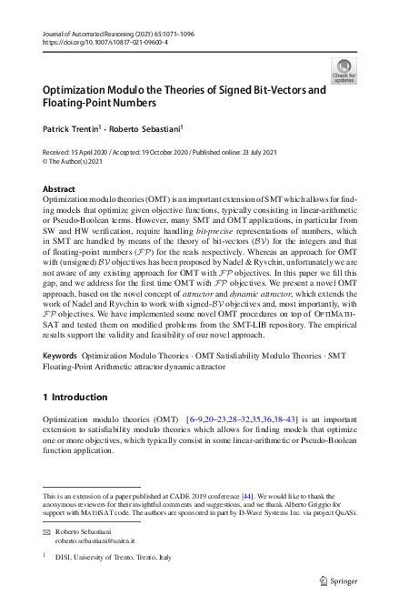 (PDF) Optimization Modulo the Theories of Signed Bit-Vectors and Floating-Point Numbers