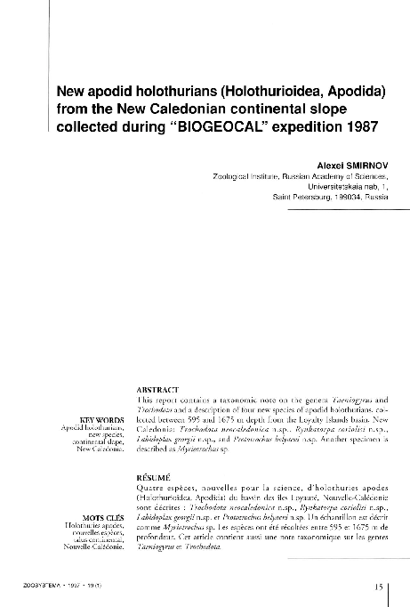 (PDF) New apodid holothurians (Holothurioidea, Apodida) from the New ...