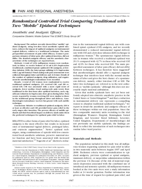 (PDF) Randomized Controlled Trial Comparing Traditional with Two “Mobile” Epidural Techniques ...