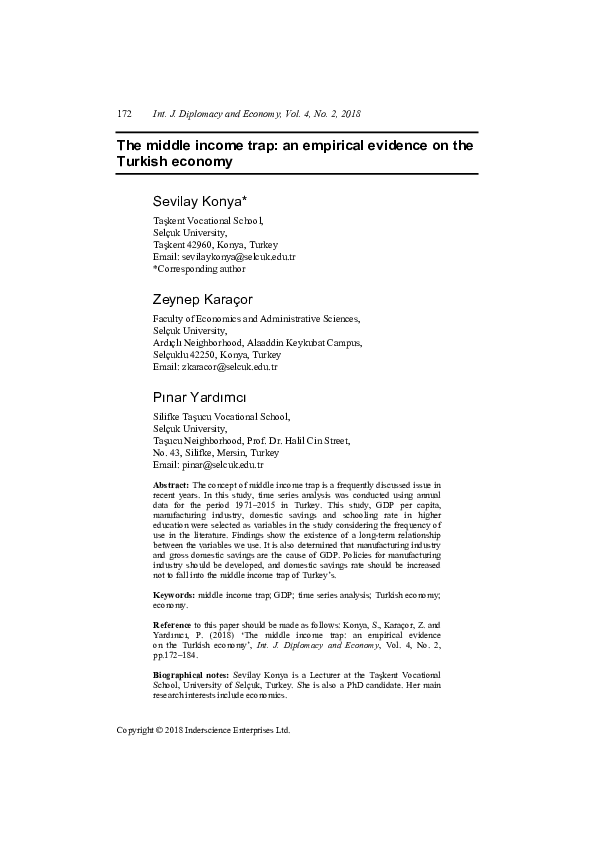 (PDF) The middle income trap: an empirical evidence on the Turkish economy
