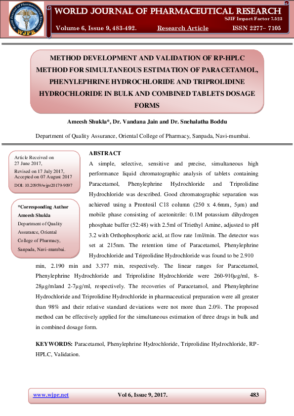 Pdf Method Development And Validation Of Rp Hplc Method For Simultaneous Estimation Of