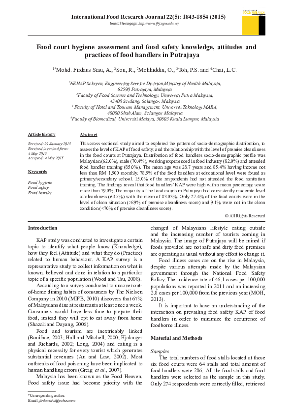 (PDF) Food court hygiene assessment and food safety knowledge ...